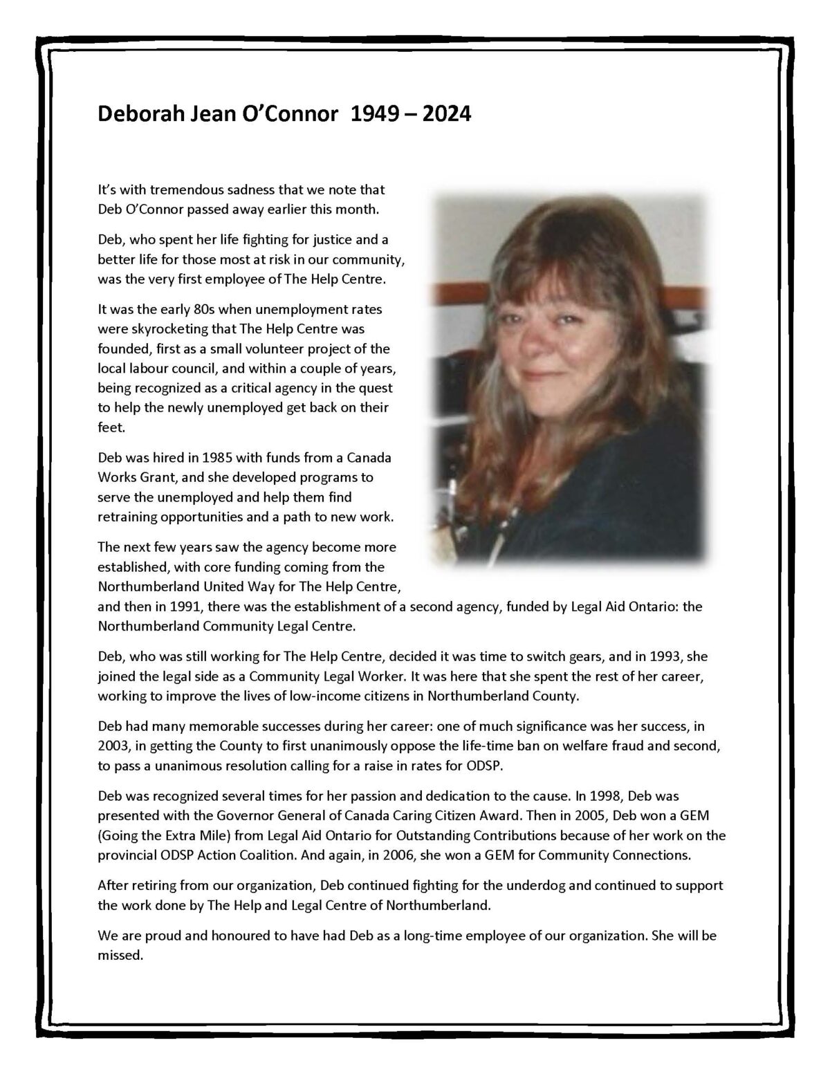 Deborah Jean O’Connor 1949 – 2024 - https://thehelpandlegalcentre.ca